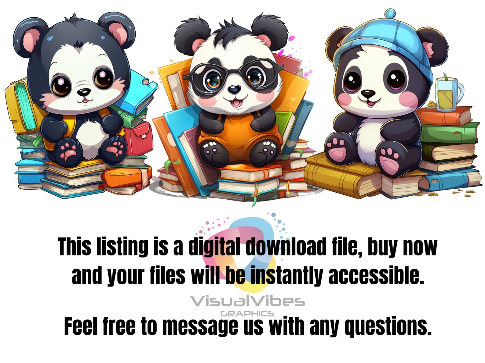 20 Cartoon Baby Pandas Clipart Bundle Back to School Sticker PNG ...