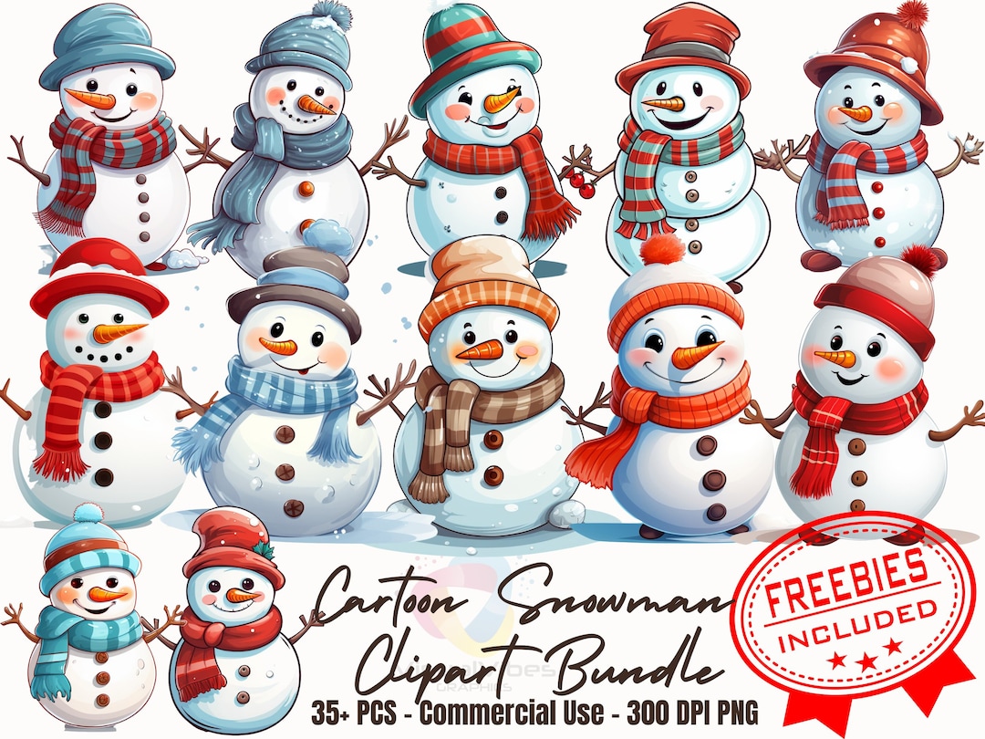 35+ Cute Cartoon Snowman Clipart Bundle Christmas Snowman Stickers Png ...