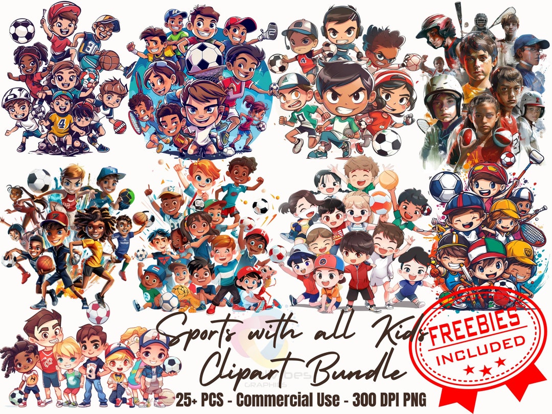 25+ Cartoon Group of Sportkids Clipart Bundle Sticker PNG Sport ...