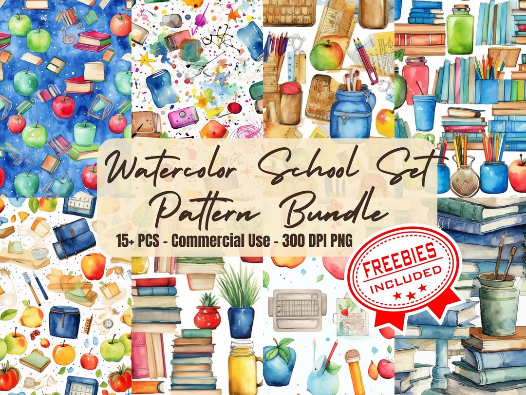 15+ Watercolor School Pattern Bundle Back to School Background ...