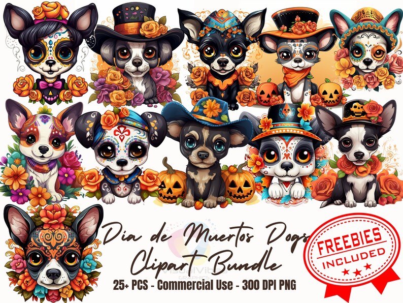 25+ Cute Cartoon Dia De Los Muertos Dogs Clipart Bundle Halloween Dogs ...