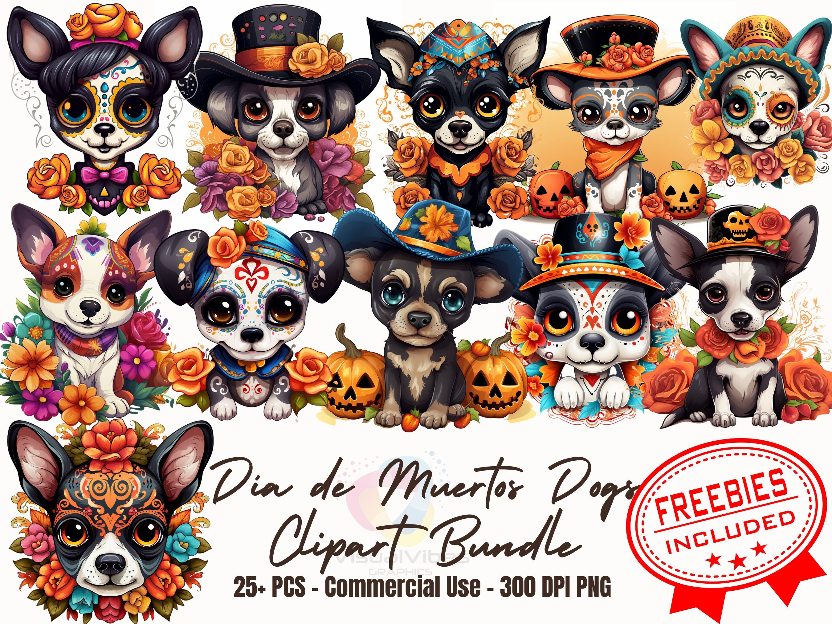 25 Cute Cartoon Dia De Los Muertos Dogs Clipart Bundle Halloween Dogs ...