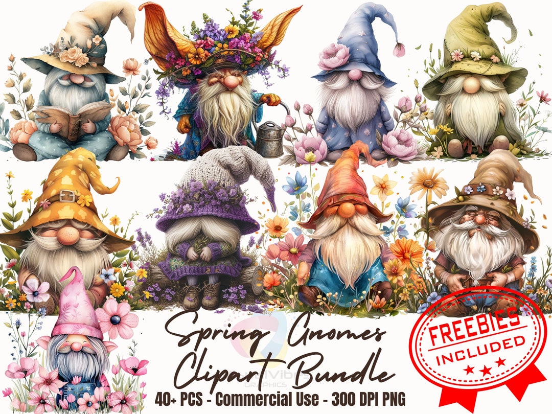 Over 40 Watercolor Spring Gnomes Clipart Bundle Spring Decoration ...