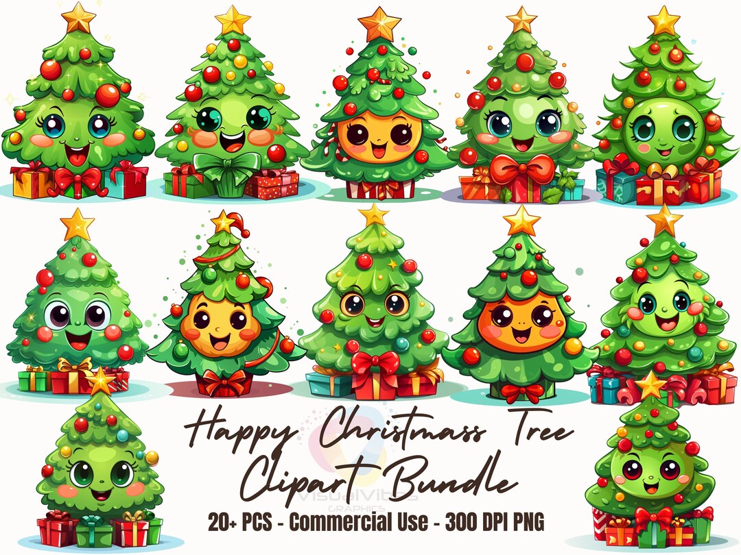 20+ Cartoon Cute Christmas Trees Clipart Bundle Sticker PNG Cartoon ...