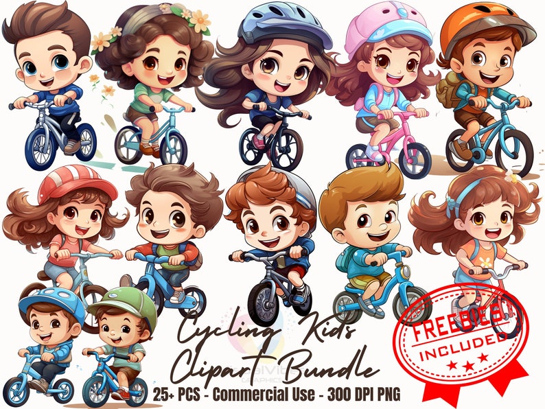 25+ Cute Cartoon Cycling Kids on Bikes Clipart Bundle Cycling Stickers ...
