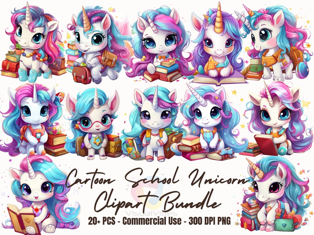 20+ Cute Baby Cartoon Unicorn Clipart Back to School Sticker PNG ...