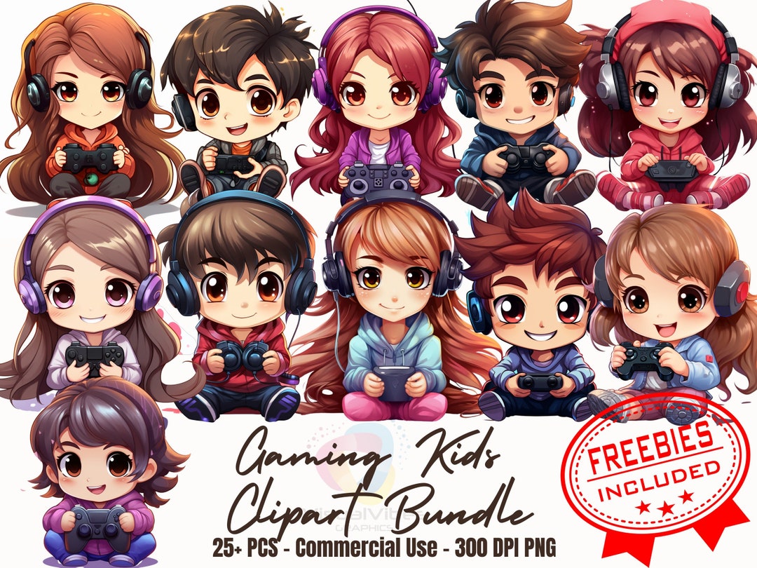 20+ Cartoon Gamer Kids Clipart Bundle Gaming Stickers Png Gaming ...