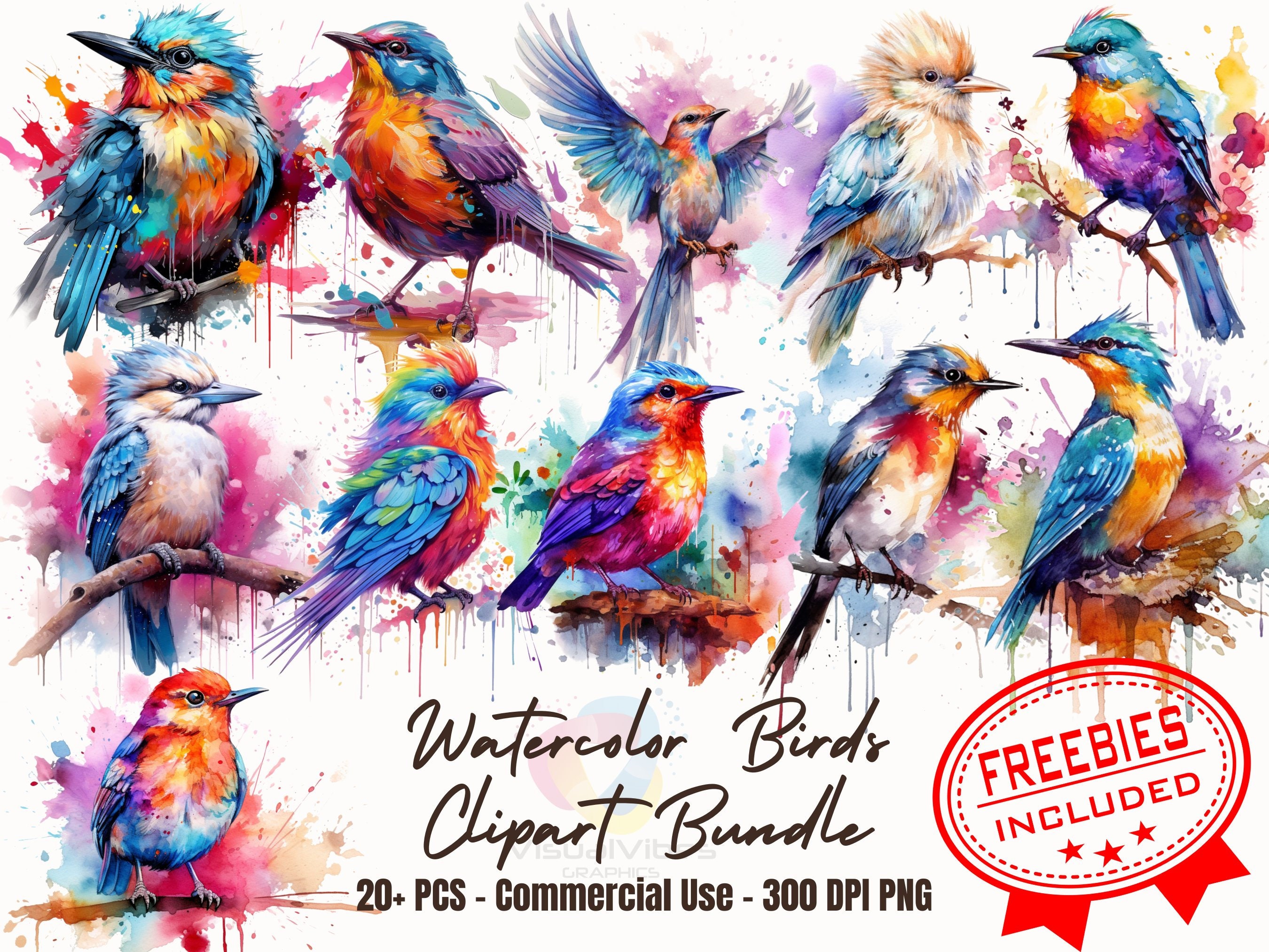 20+ Watercolor Birds With Painterly Splashes Clipart Bundle Watercolor ...