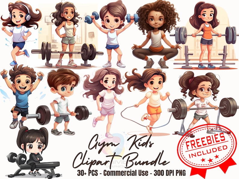 Over 30 Cartoon Gym Loving Kids Clipart Bundle Sticker PNG Gym Stickers ...