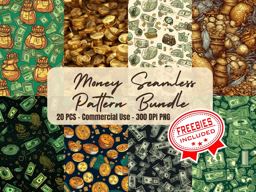 20 Money Themed Seamless Pattern Bundle PNG 300DPI Cash-inspired ...
