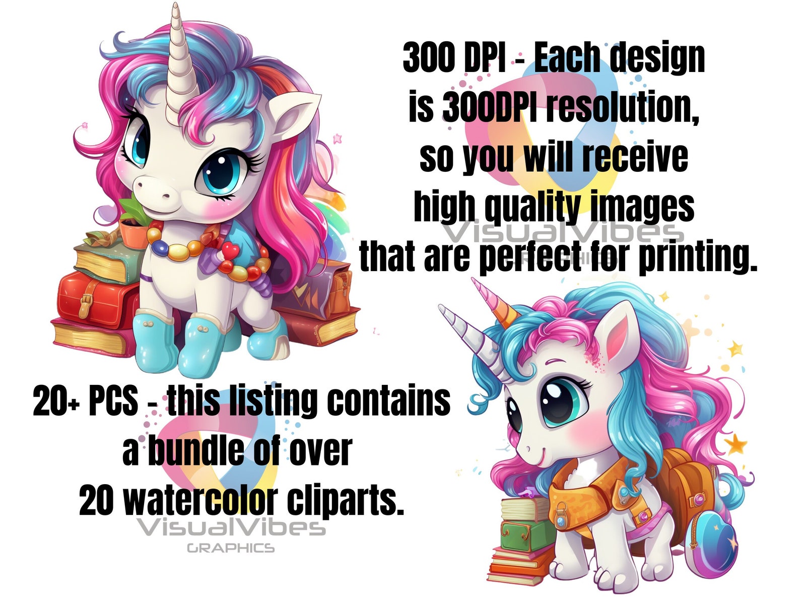 20+ Cute Baby Cartoon Unicorn Clipart Back to School Sticker PNG ...