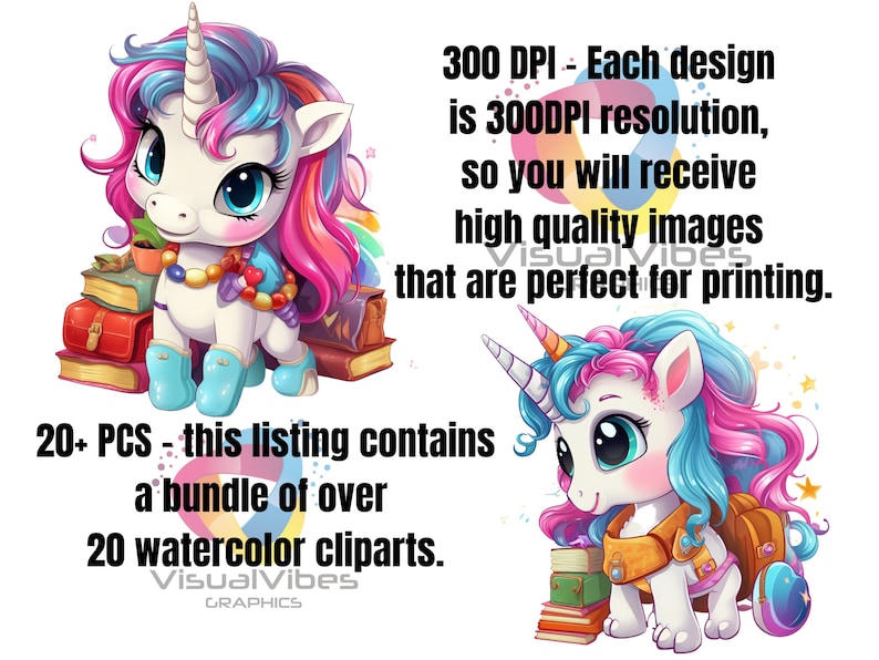 20 Cute Baby Cartoon Unicorn Clipart Back to School Sticker PNG ...