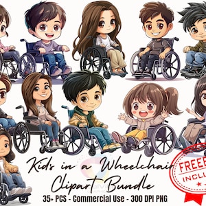 35+ Cute Cartoon Kids on Wheelchair Clipart Bundle Disabled Children ...