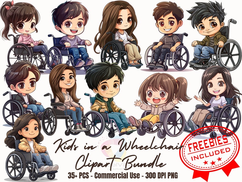35+ Cute Cartoon Kids on Wheelchair Clipart Bundle Disabled Children ...