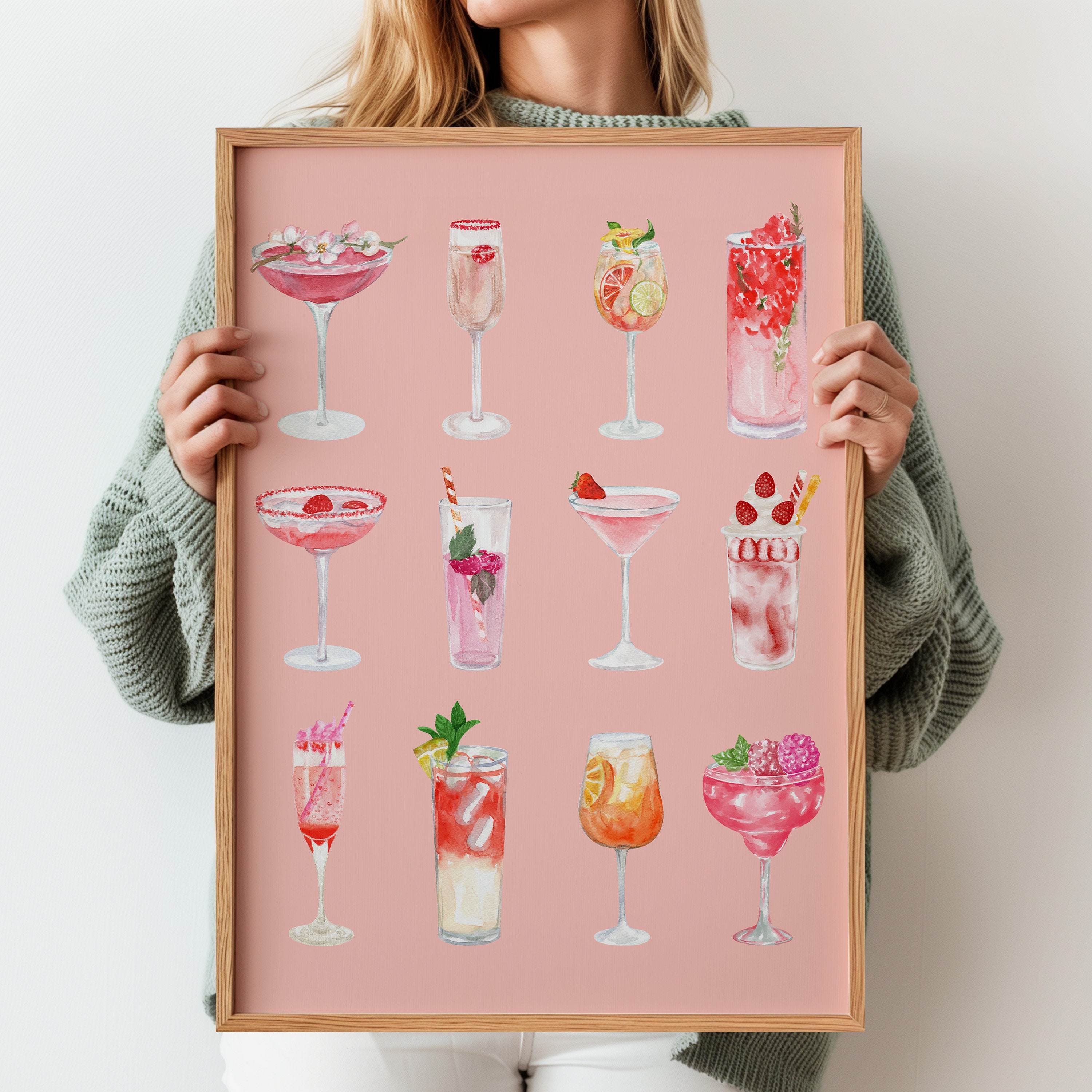 Retro Watercolor Cocktail Poster Set of 3, Preppy Pink Cheers Print ...
