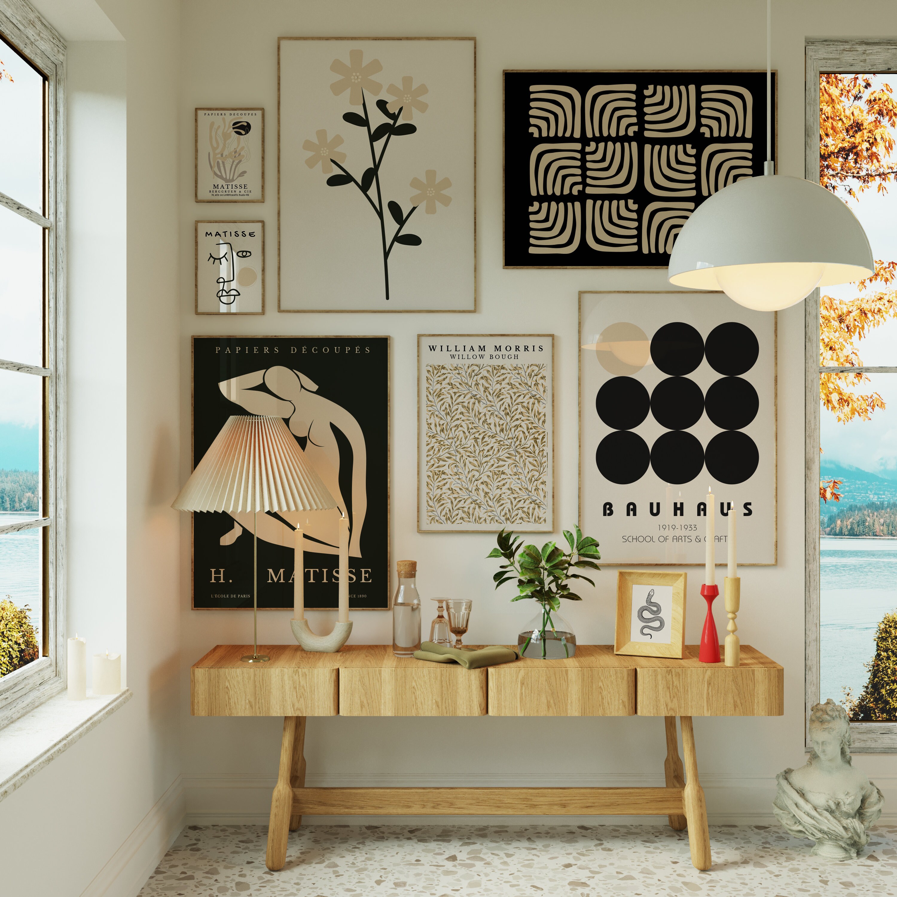 Black and Beige Eclectic Art Designs Bundle, Mid Century Botanical ...