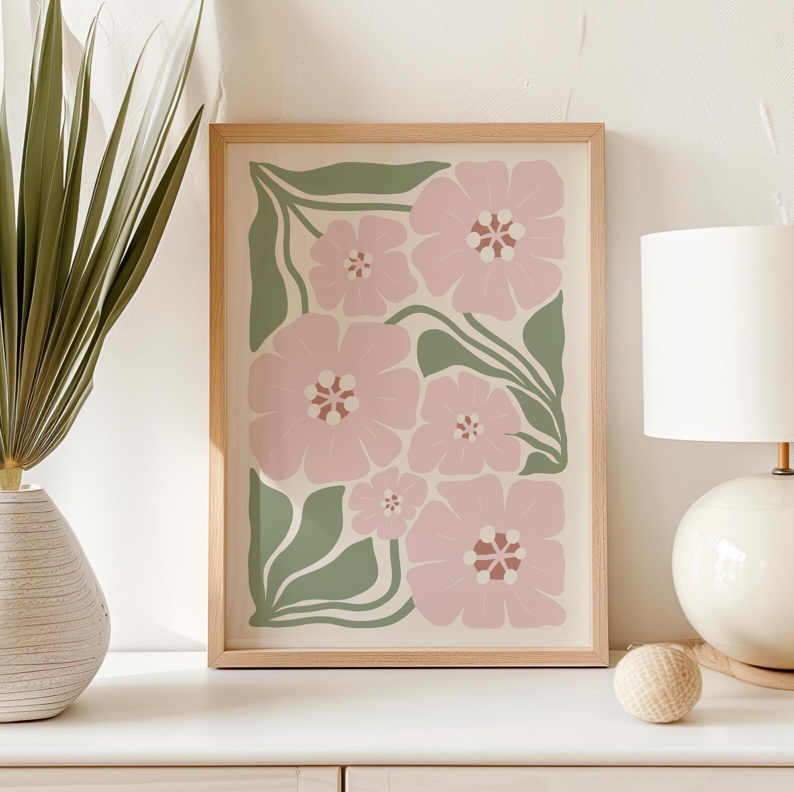 Light Pink and Green Boho Abstract Flower Print, Botanical Vintage Art ...