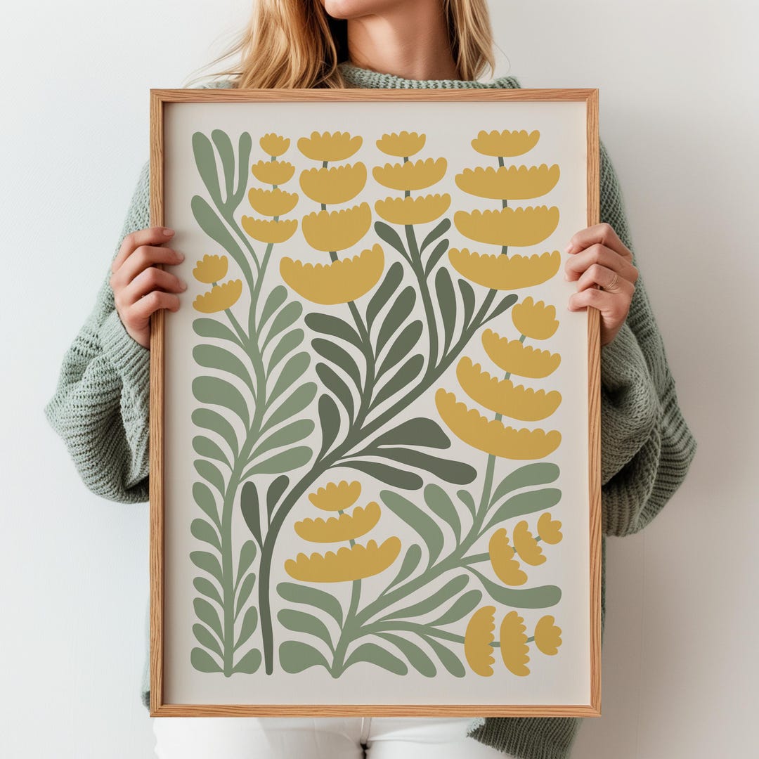 Yellow and Green Boho Abstract Flower Print, Botanical Vintage Art ...