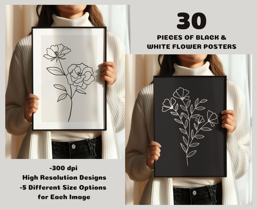 Black White Flower Line Art Prints Set of 30, Minimalist Floral Prints ...