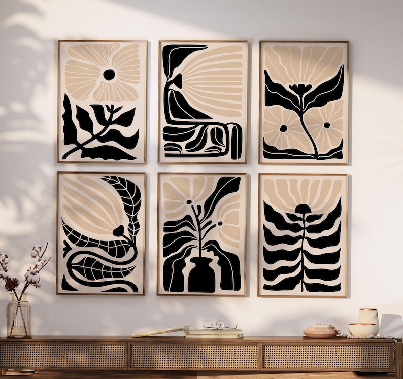 Boho Floral Print Set: Black Beige Matisse Flower Art, Digital Download ...