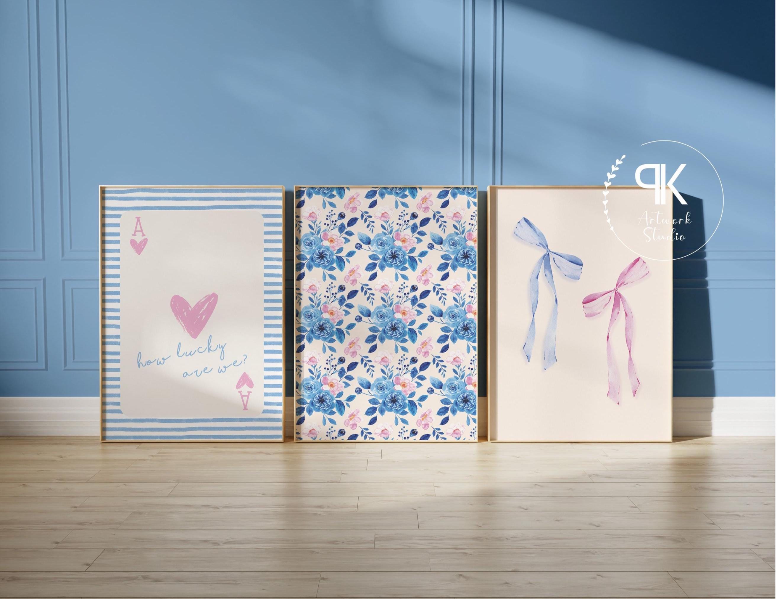 Pink and Blue Floral Bow Wall Art Set of 3, Preppy Ace Card Print, How ...