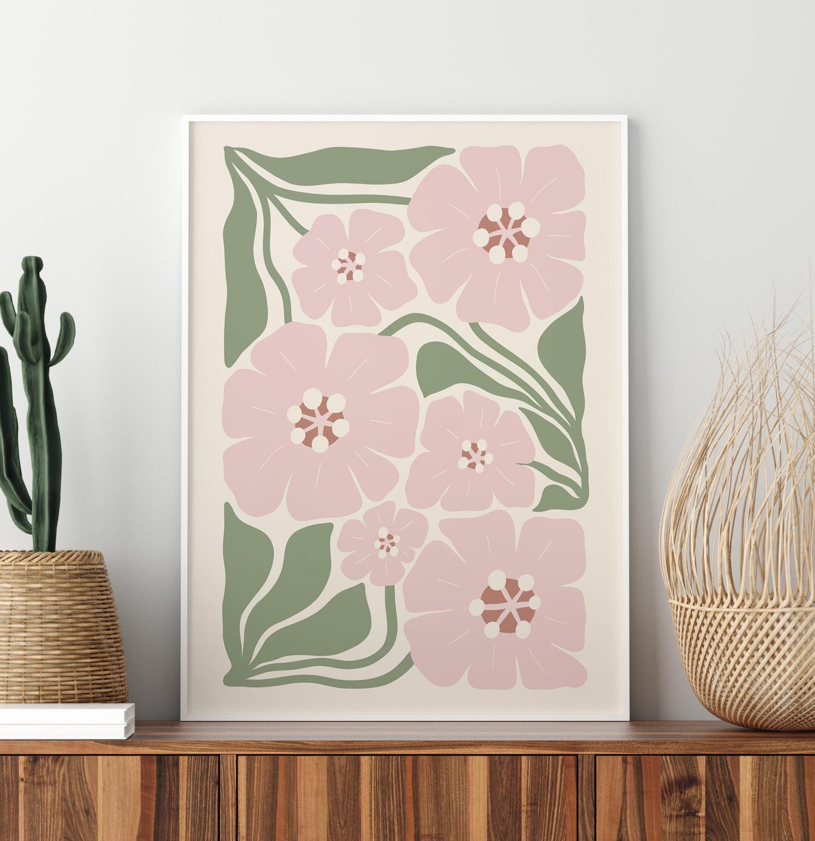 Light Pink and Green Boho Abstract Flower Print, Botanical Vintage Art ...