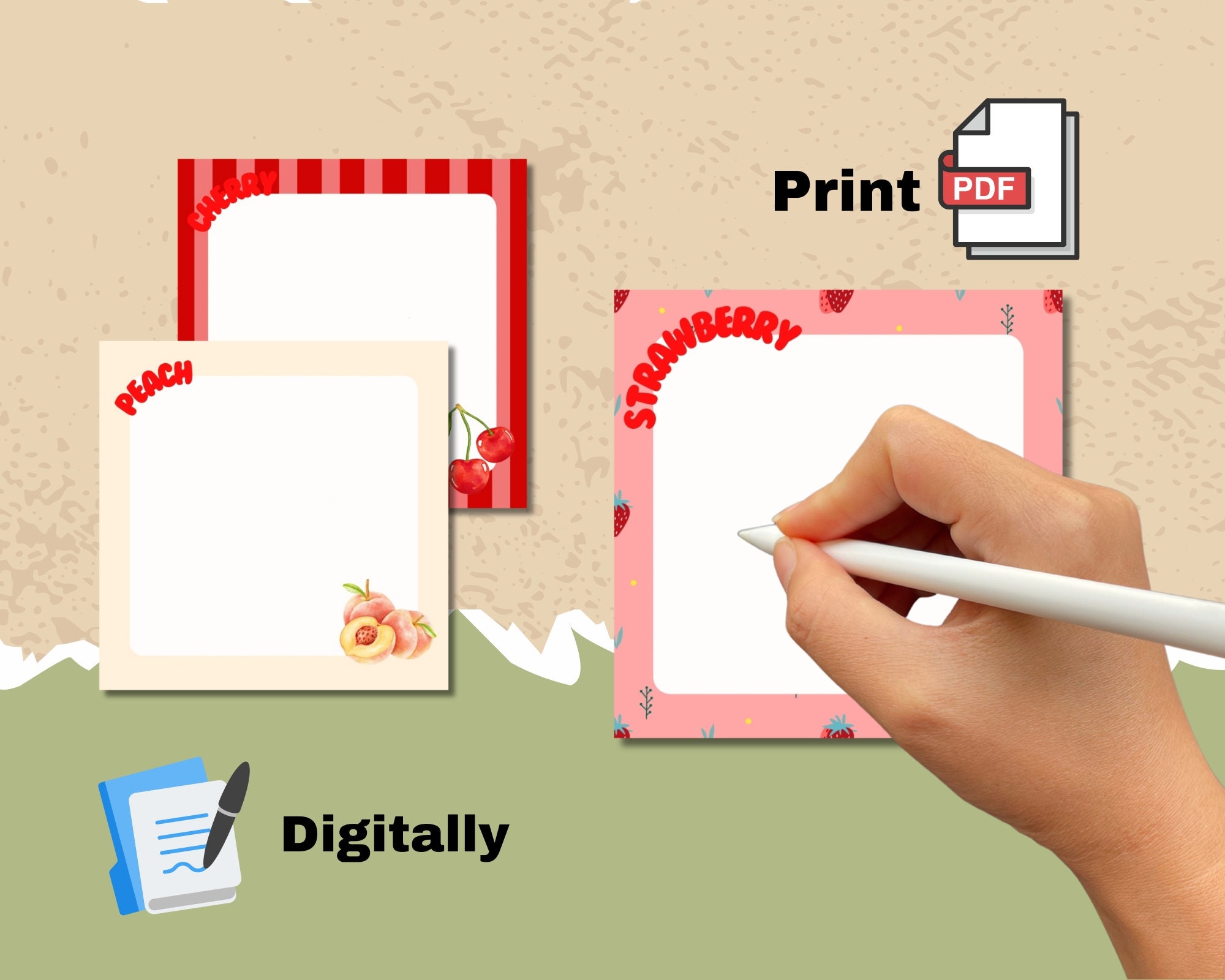 Cute Sticky Notes Cherry Printable Memopad Strawberry Digital Use ...