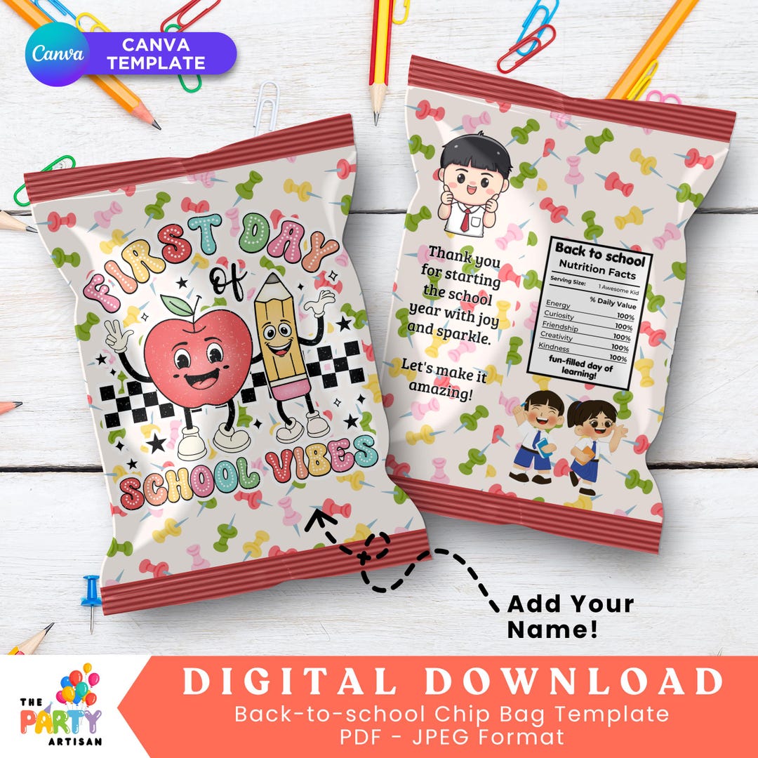 Back to School Chip Bag Wrapper | First Day of School Snack Bags for ...