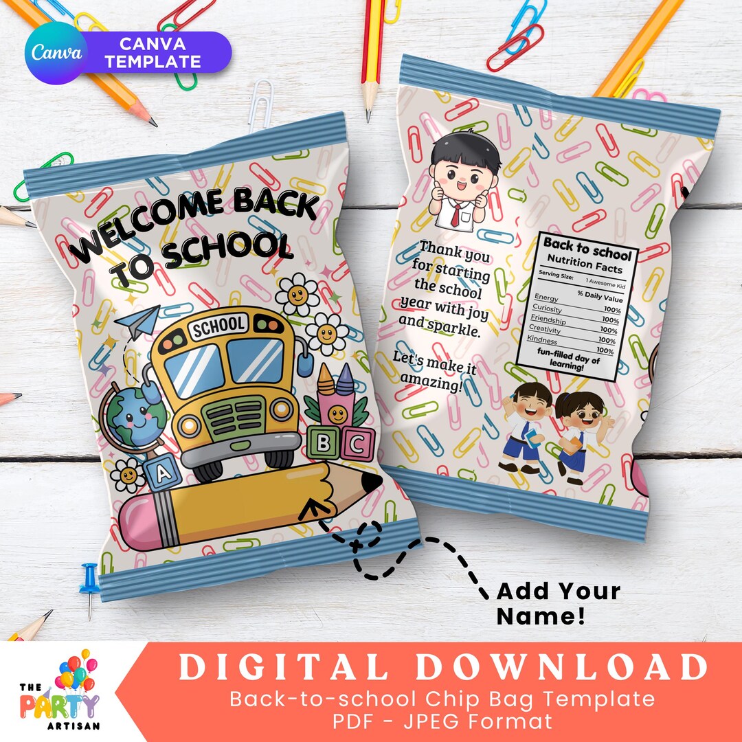 Back to School Chip Bag Wrapper | First Day of School Snack Bags for ...