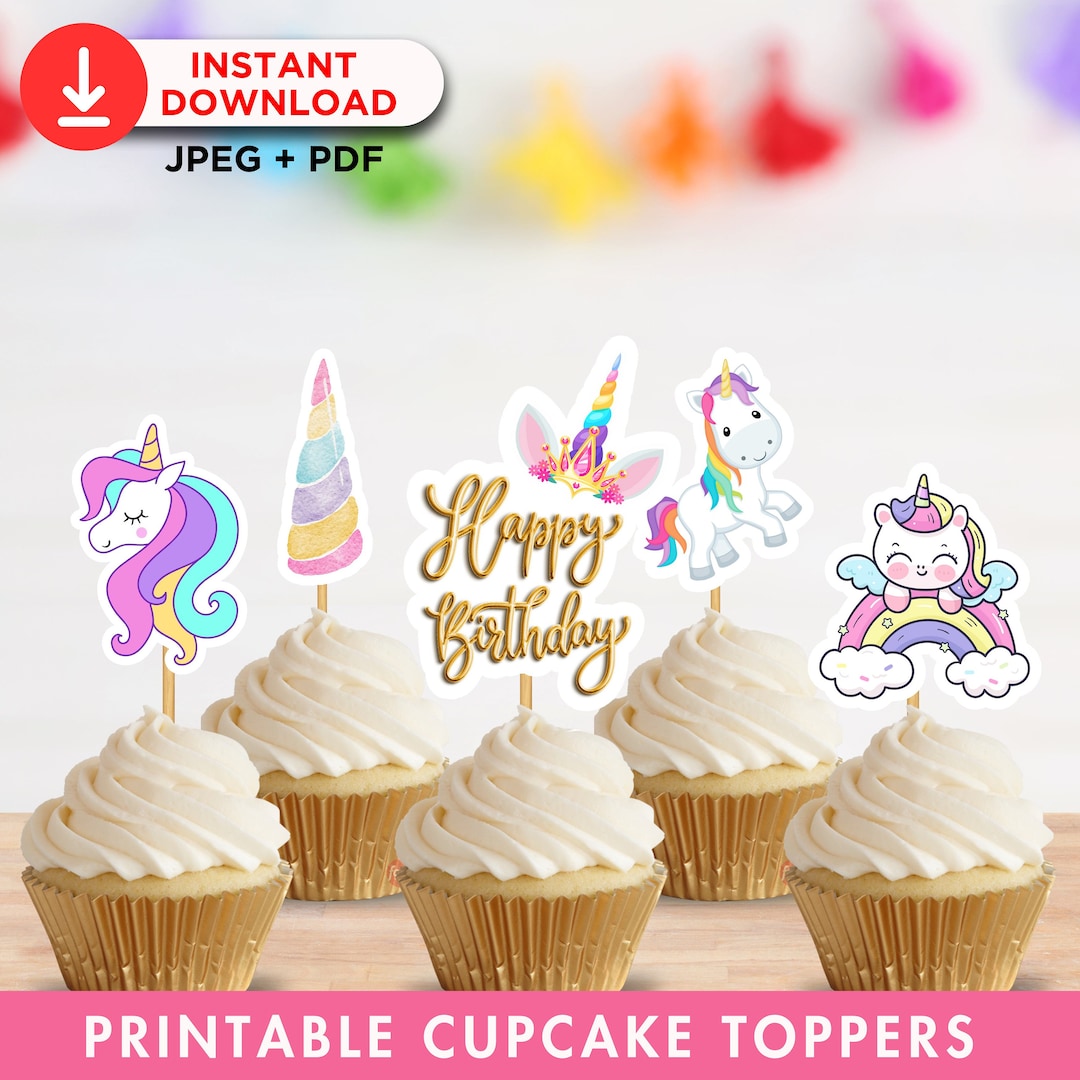 Printable Rainbow Unicorn Cupcake Topper, Magical Party Decor, Instant ...