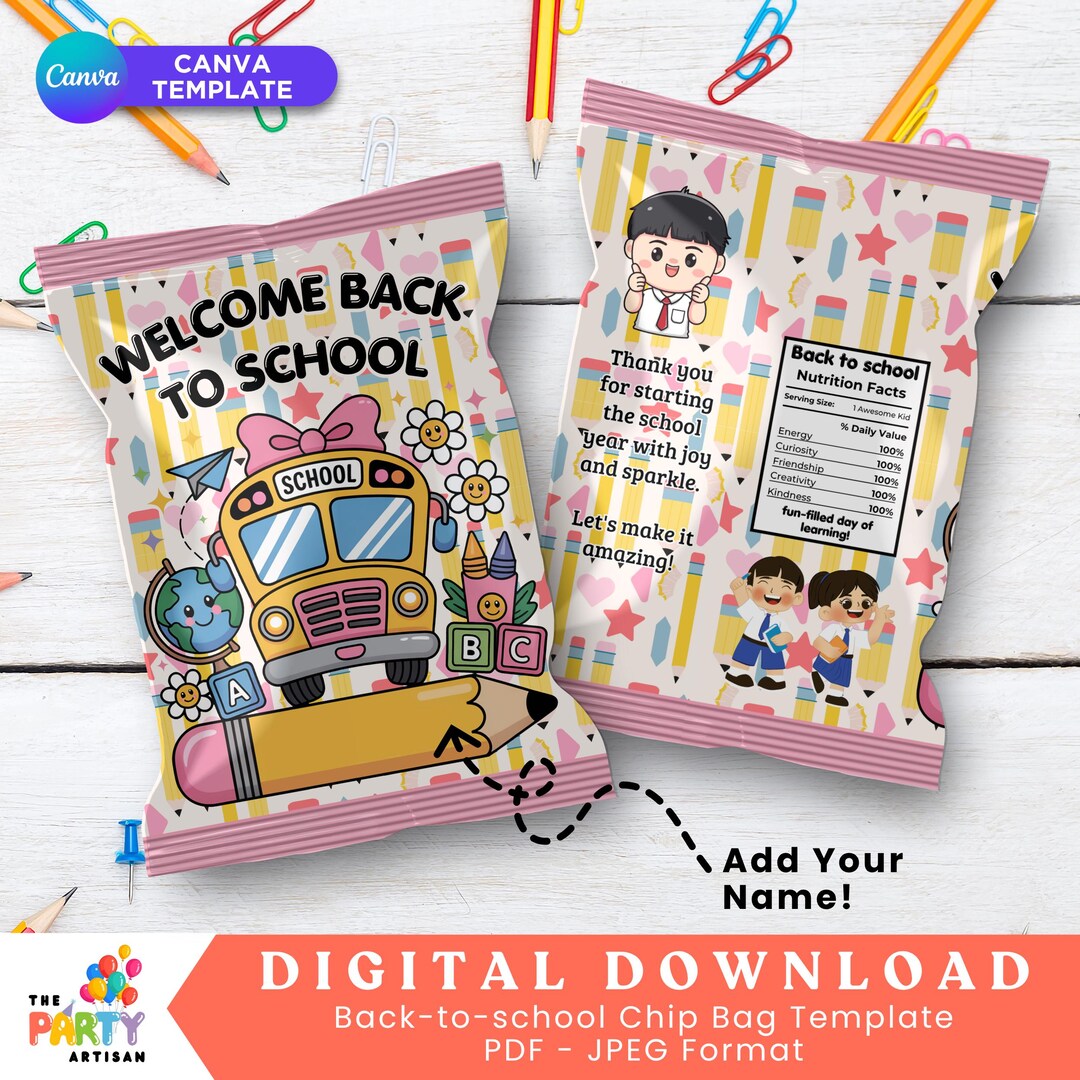 Back to School Chip Bag Wrapper | First Day of School Snack Bags for ...