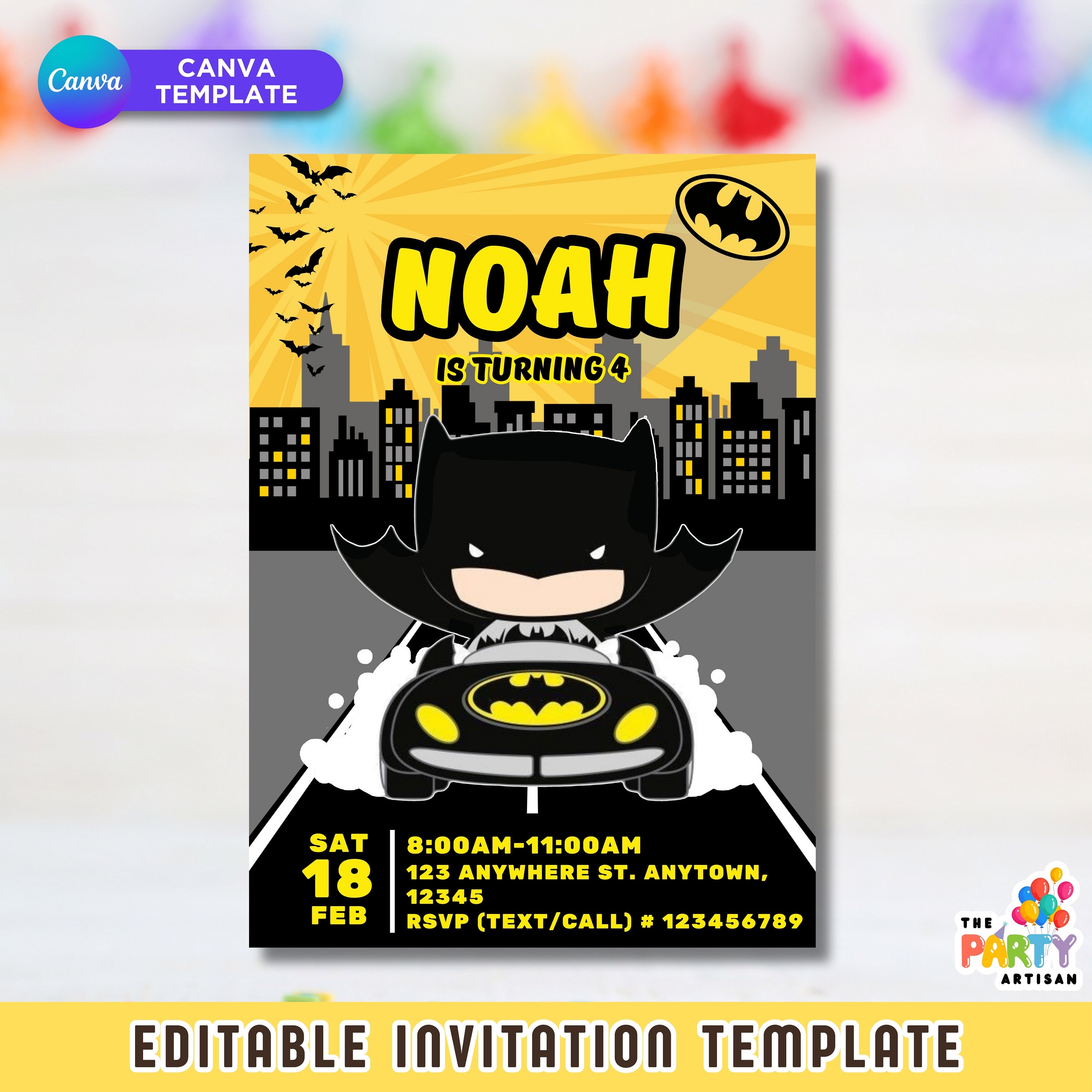 Bat Theme Superhero Birthday Invitation, Editable Canva Template, Comic ...