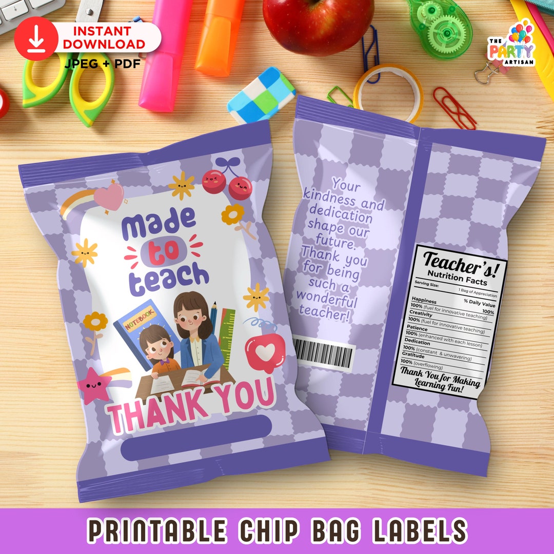 Chip Bags Printable, Party Bag, Candy Bag, Popcorn Bag, Back to School ...
