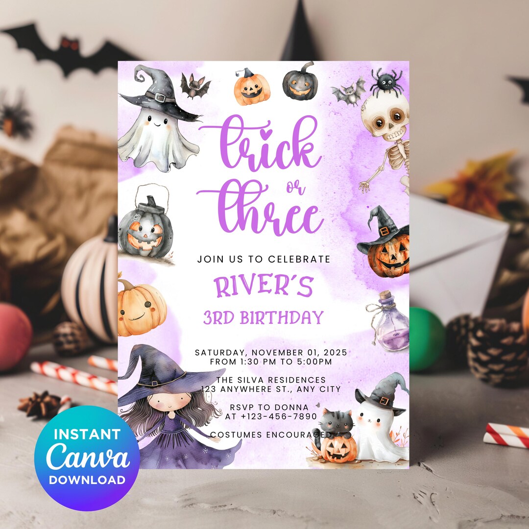 Editable Cute Ghosts Halloween Birthday Invitation, 3rd Birthday Invite ...