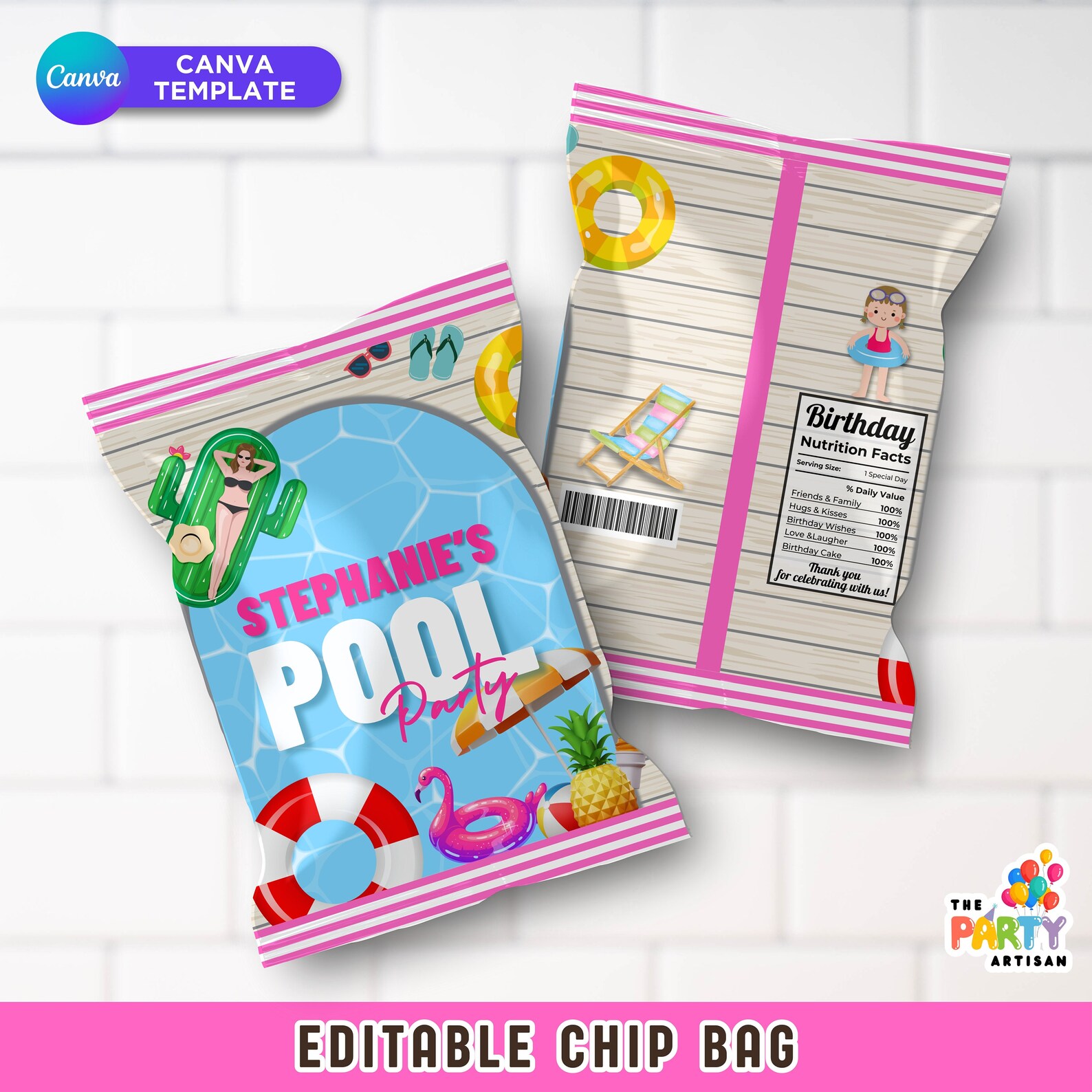 Editable Pool Party Chip Bag Wrapper Tropical Party Gender Neutral ...