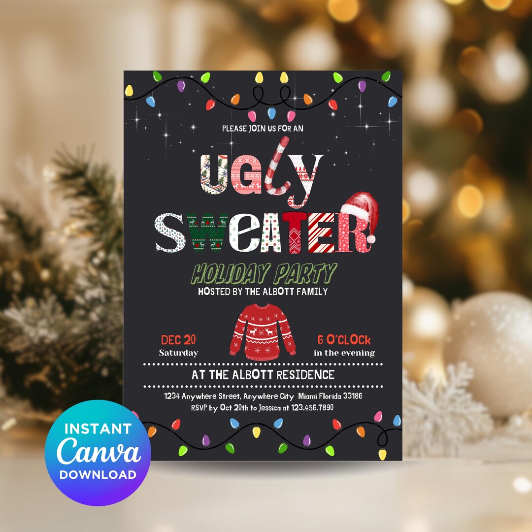 Editable Ugly Sweater Christmas Party Invitation Template, Funny ...