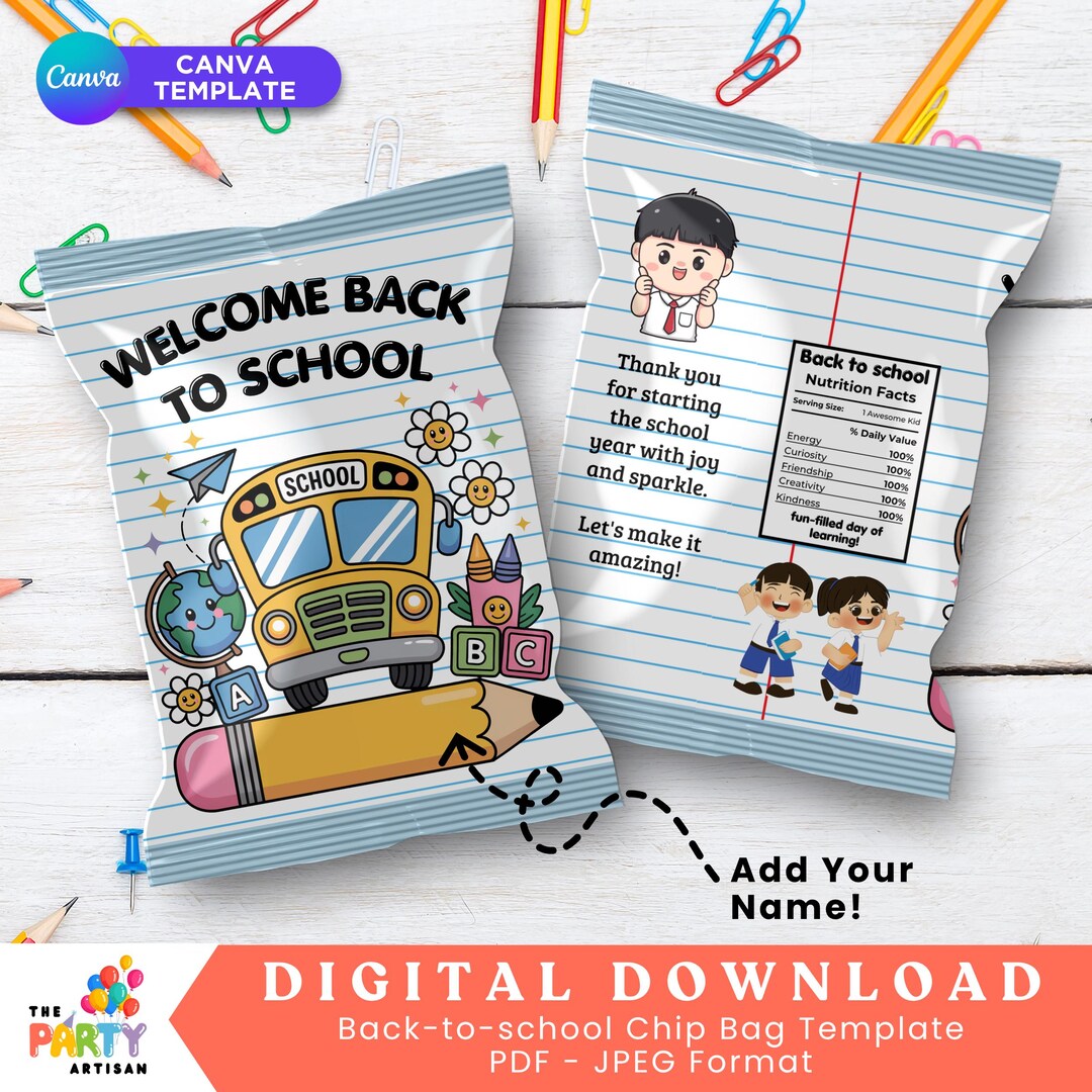 Back to School Chip Bag Wrapper | First Day of School Snack Bags for ...