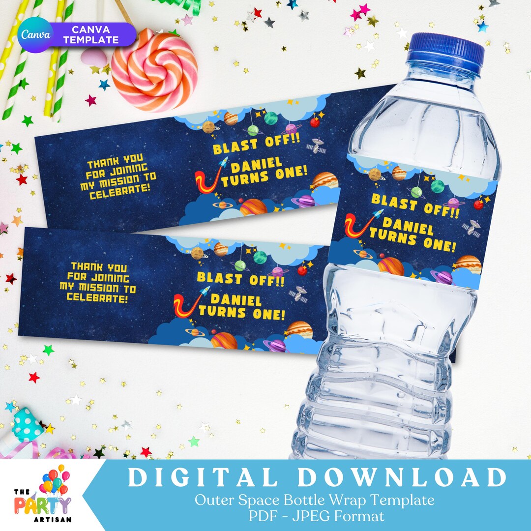 Outer Space Water Bottle Labels, Galaxy Party Treats, Astronaut Party ...