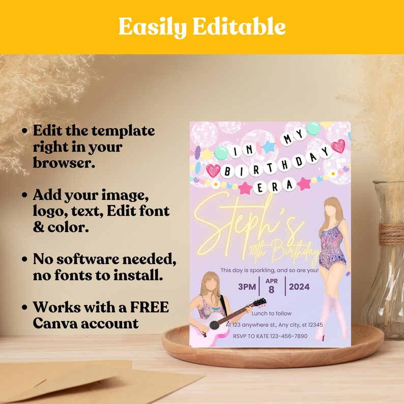 Editable Swifty Birthday Invitation – Eras Tour Inspired Digital Invite ...