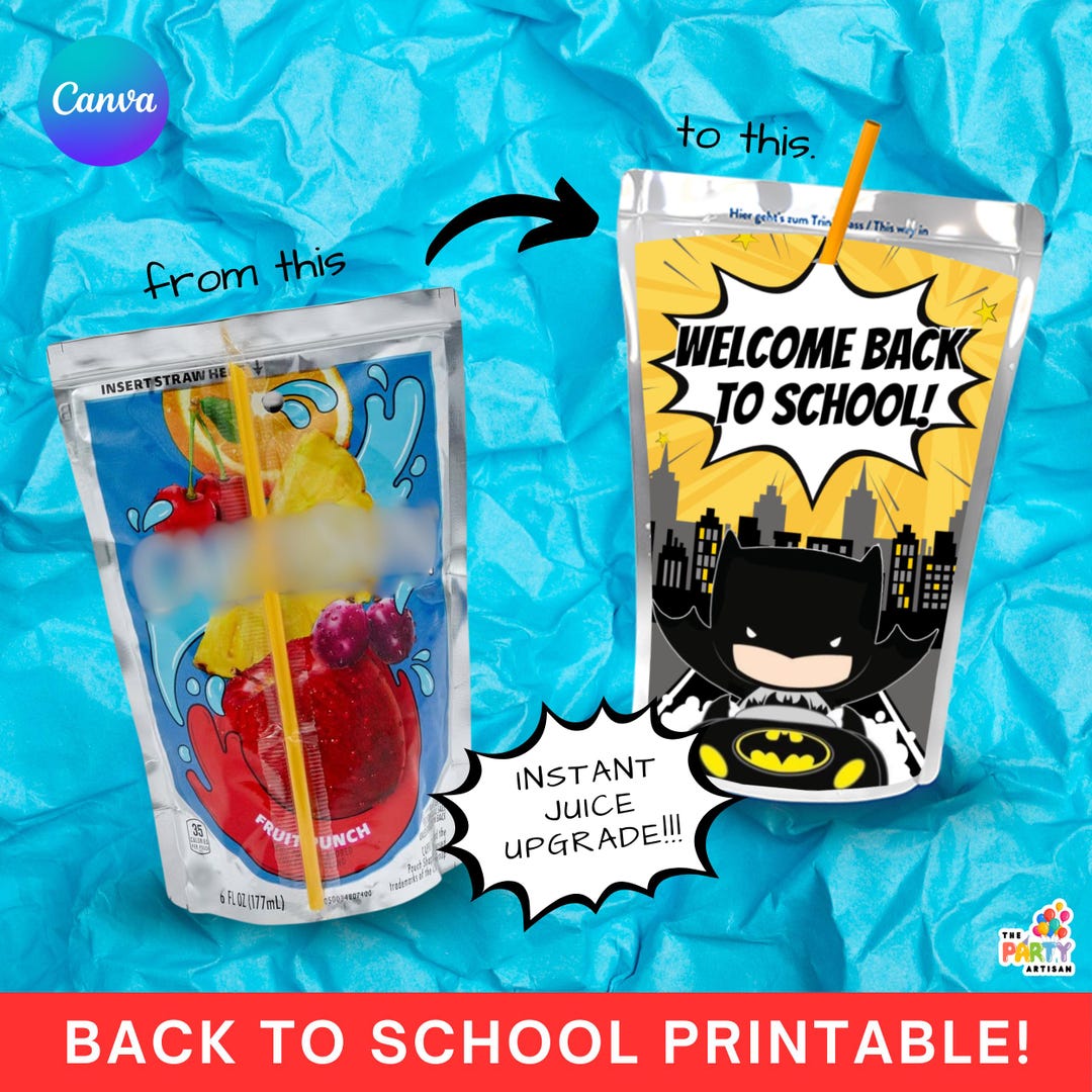 Superhero Back to School Juice Pouch Labels, Printable First Day Drink ...