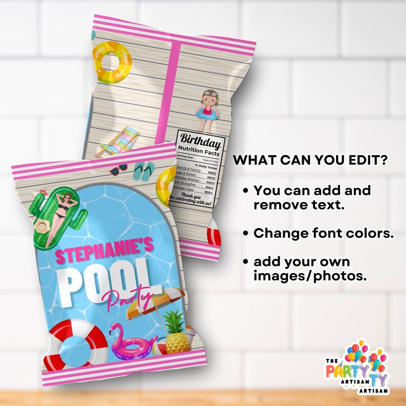Editable Pool Party Chip Bag Wrapper Tropical Party Gender Neutral ...