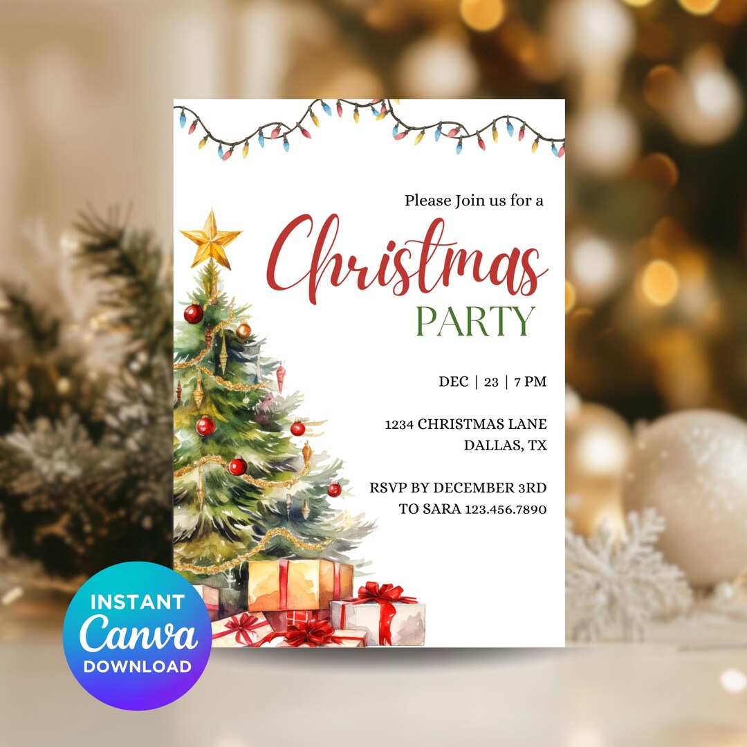 Editable Classic Christmas Tree Invitation Template, Canva Holiday ...