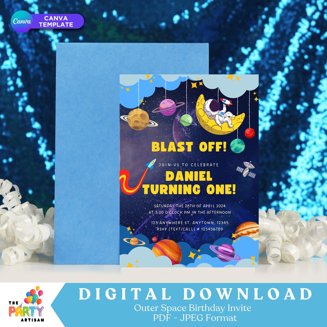 Editable Outer Space Theme Invitation Template, Galaxy Astronaut First ...