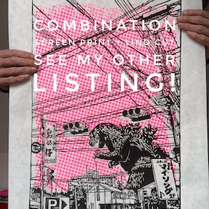 Handgemaakte Godzilla-linosnedeprint - Japanse Filmmonsterkunstposter ...