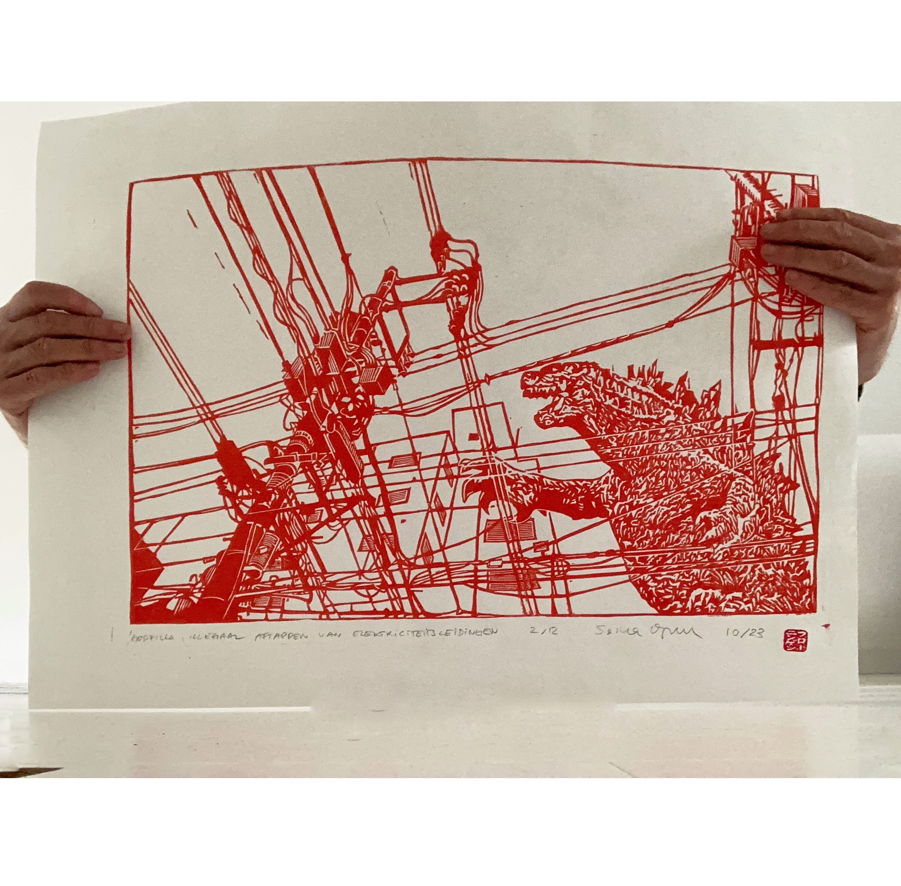 Handgemaakte GODZILLA Lino Cut Print Large DIN A 2 Japan Movie Monster ...