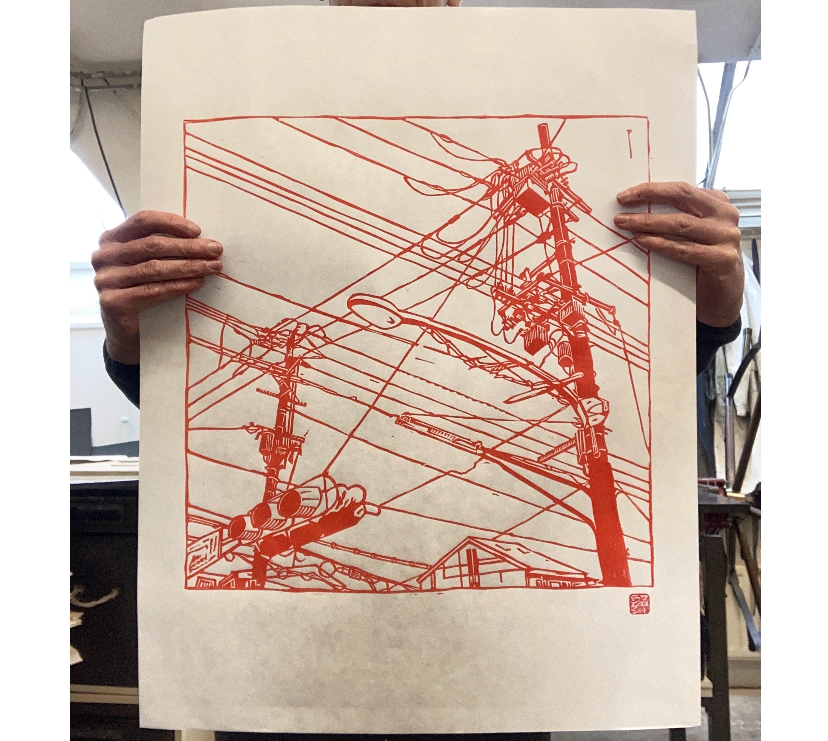 Handgemaakte Linosnede: Japanse Hoogspanningslijnen, Abstracte Godzilla ...