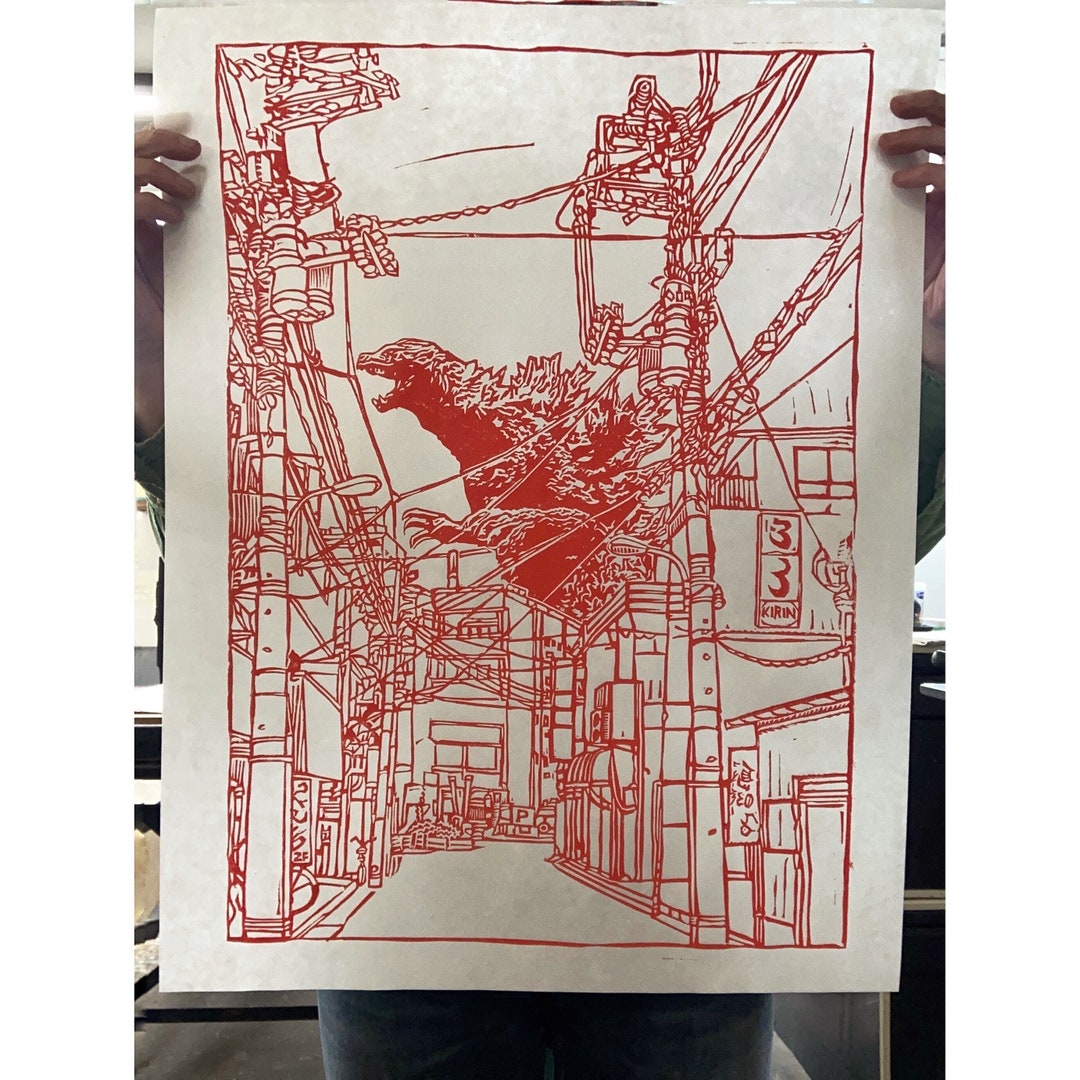 Handgemaakte GODZILLA Lino Cut Print Large DIN A2 Japan Movie Monster ...