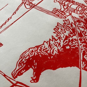 Handgemaakte GODZILLA Lino Cut Print Large DIN A2 Japan Movie Monster ...