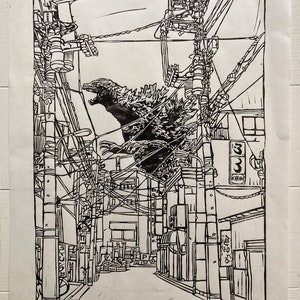 Handgemaakte GODZILLA Lino Cut Print Large DIN A2 Japan Movie Monster ...