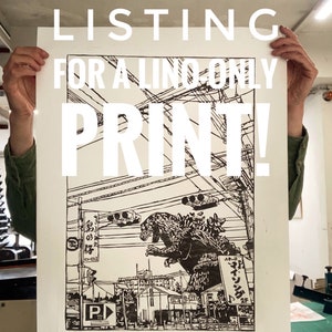 Handgemaakte Godzilla Linosnede Zeefdruk: Japanse Monsterkunstposter ...